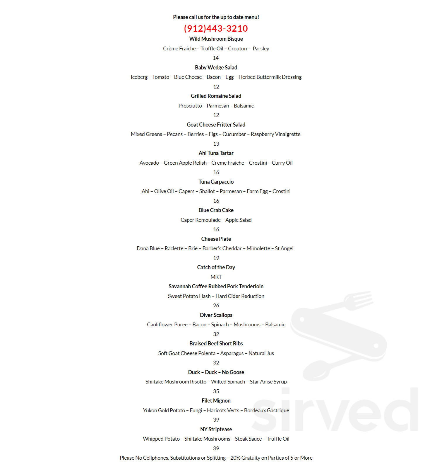 Noble Fare menu in Savannah, Georgia, USA