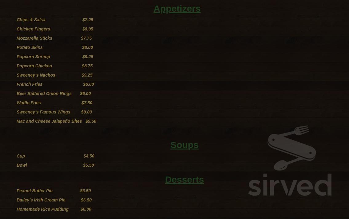 Sweeney's Irish Pub menu in Walden, New York, USA