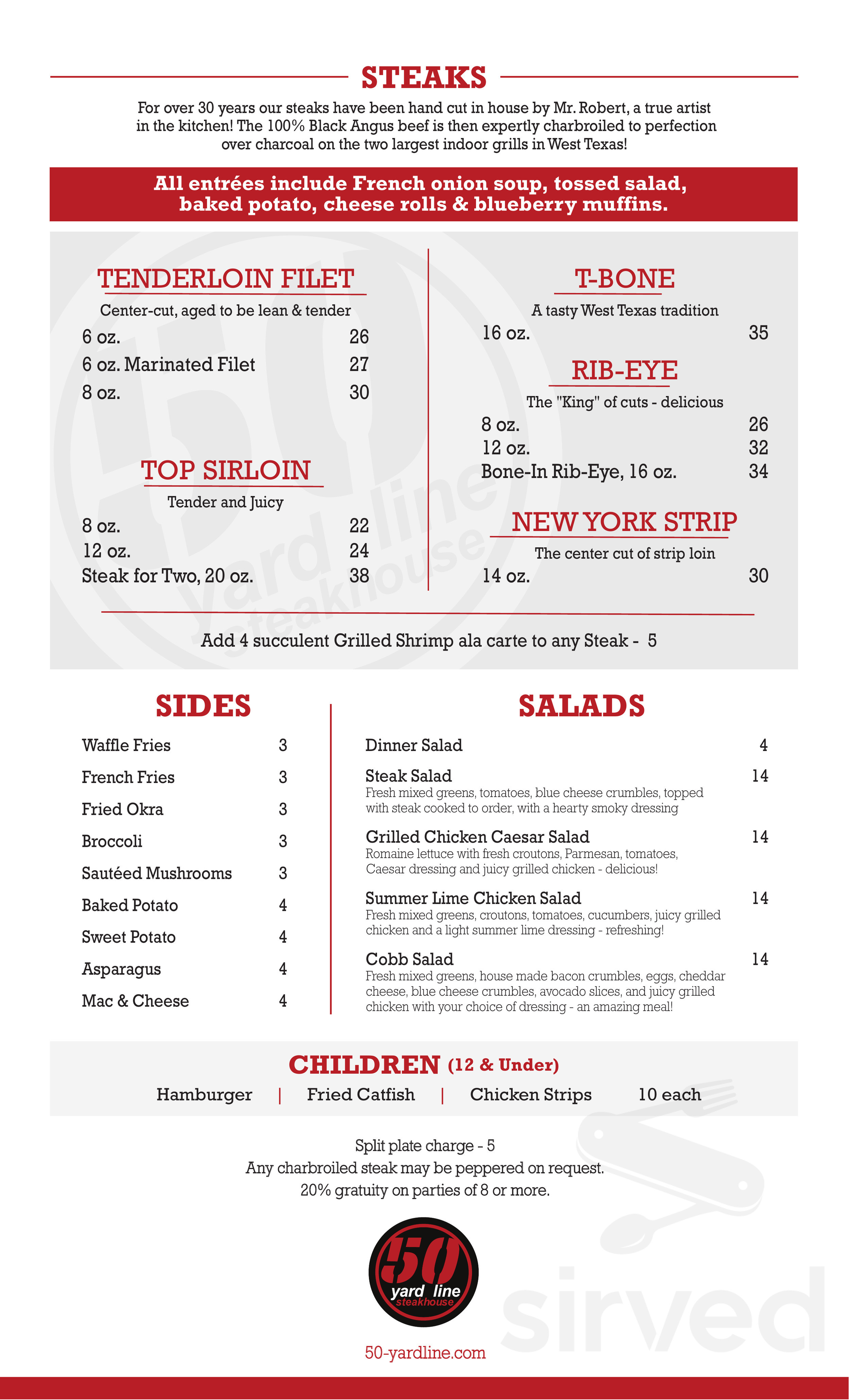 50 Yard Line Steakhouse menu in Lubbock, Texas, USA