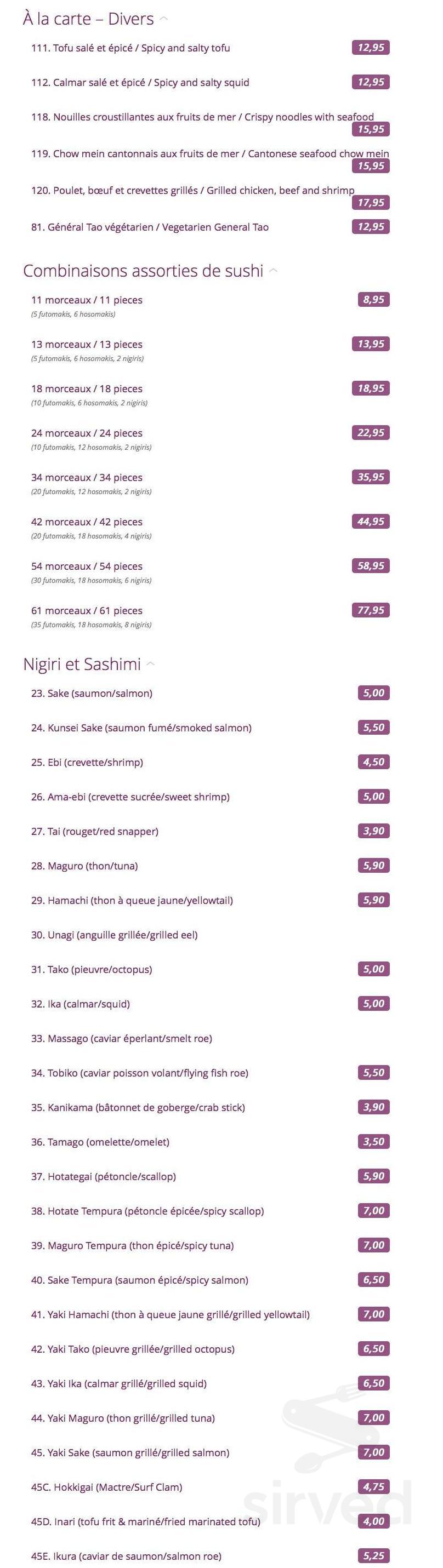 Menu - Montréal QC's Restaurant 2K Fusion | Sirved