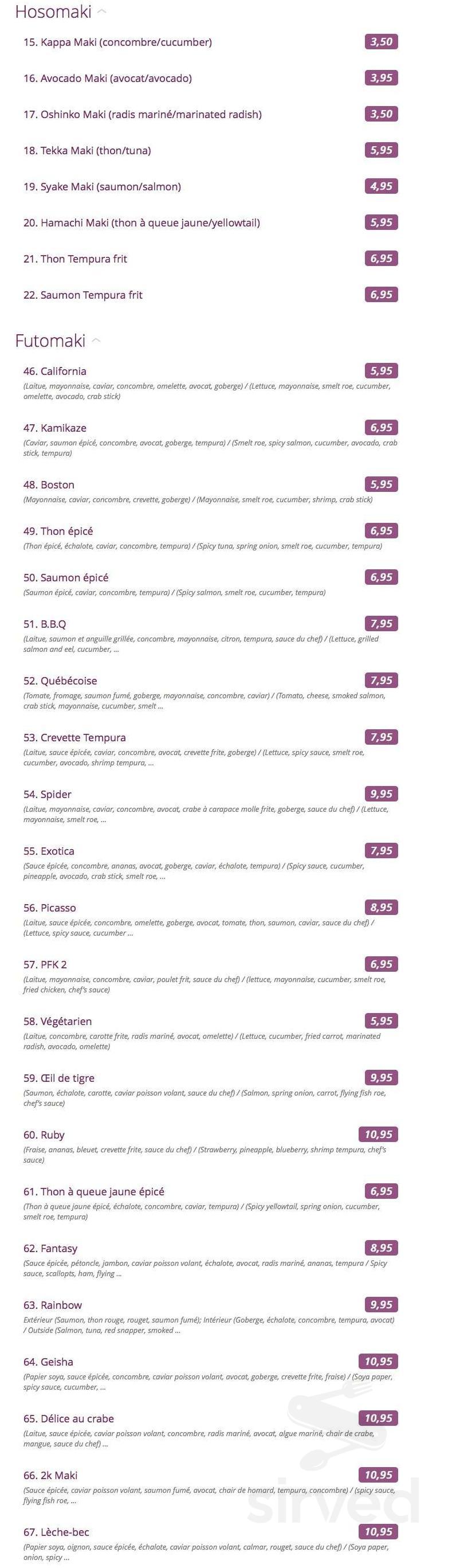 Menu - Montréal QC's Restaurant 2K Fusion | Sirved
