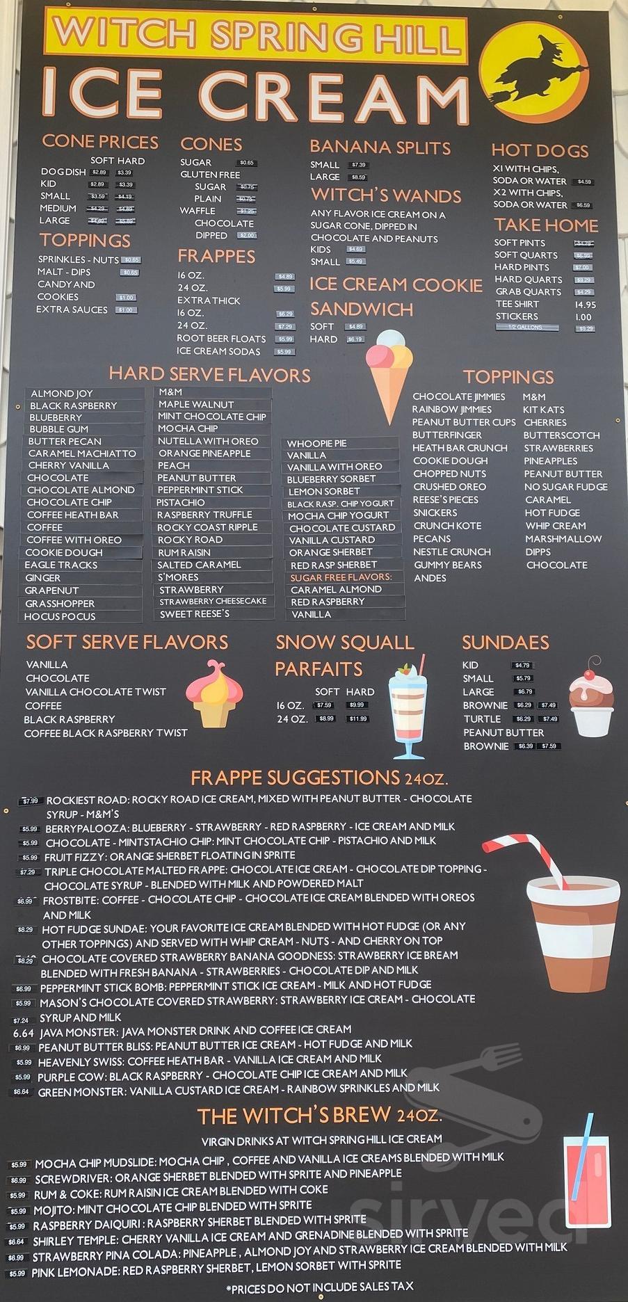 Witch Spring Hill Ice Cream menu in West Bath, Maine, USA