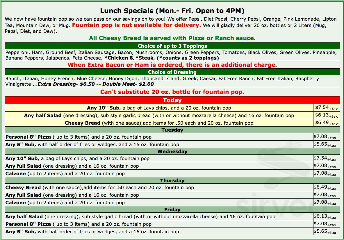 Luigi's Pizza menu in Litchfield, Michigan, USA