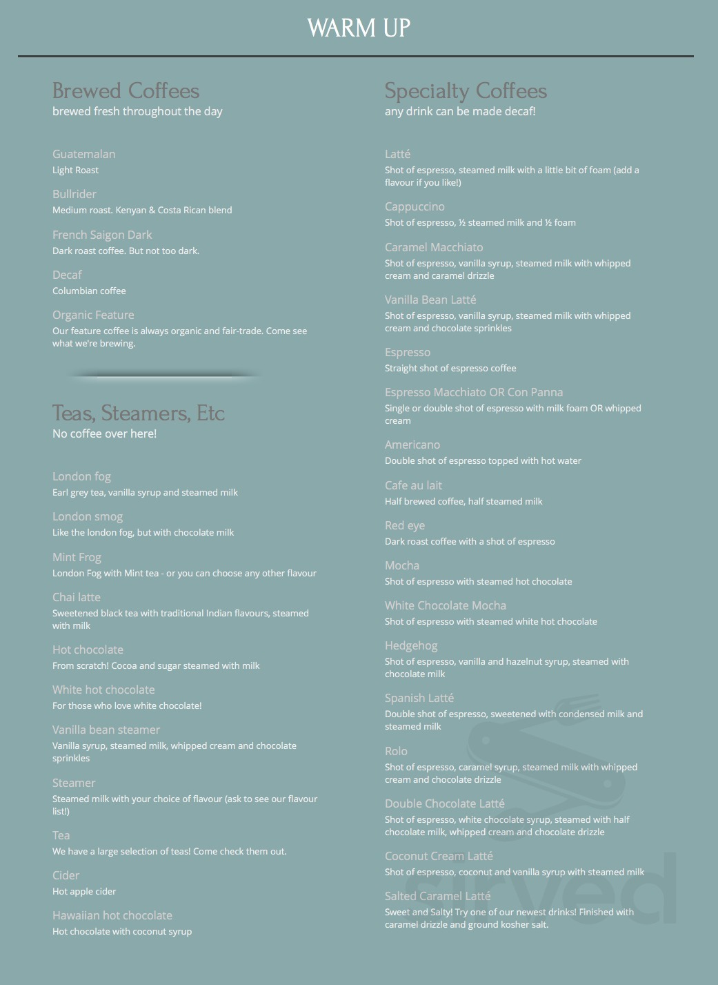 Menu - Swift Current SK's Urban Ground Coffeehouse | Sirved