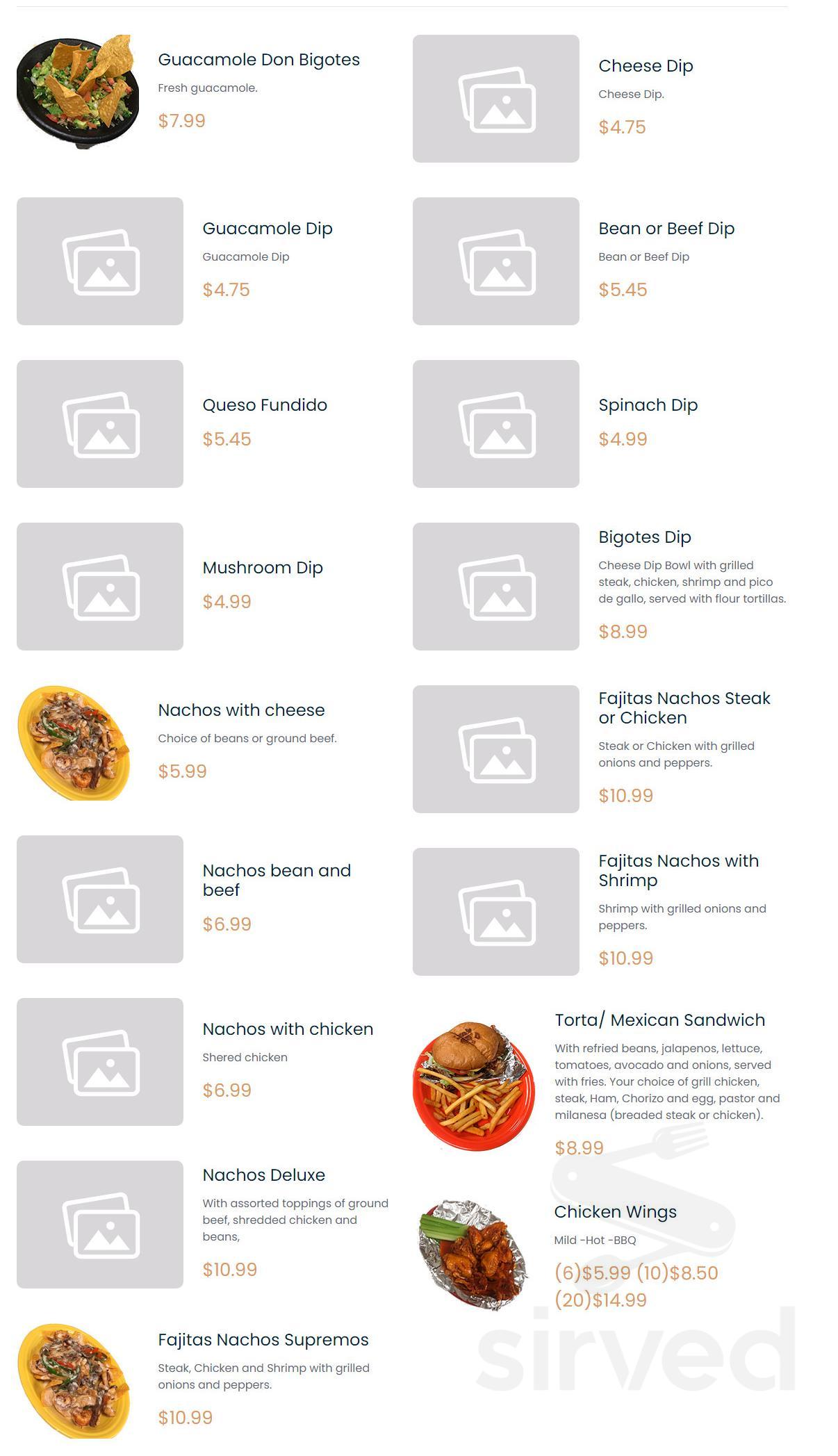 Don Bigotes Mexican Restaurant menu in Spartanburg, South Carolina, USA