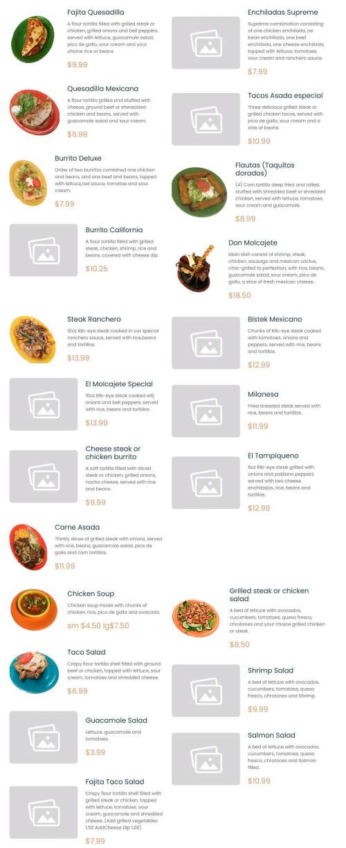 Don Bigotes Mexican Restaurant menu in Spartanburg, South Carolina, USA