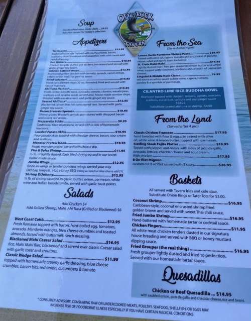 Off The Rock Tavern menu in Naples, Florida, USA
