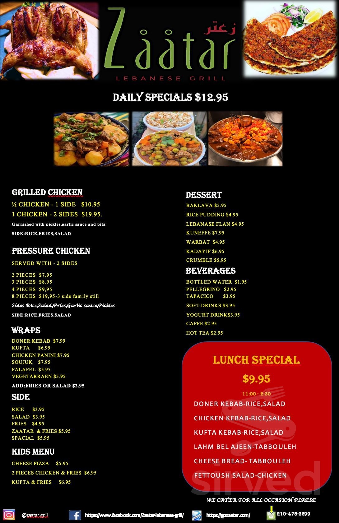 Zaatar Lebanese Grill menu in San Antonio, Texas, USA
