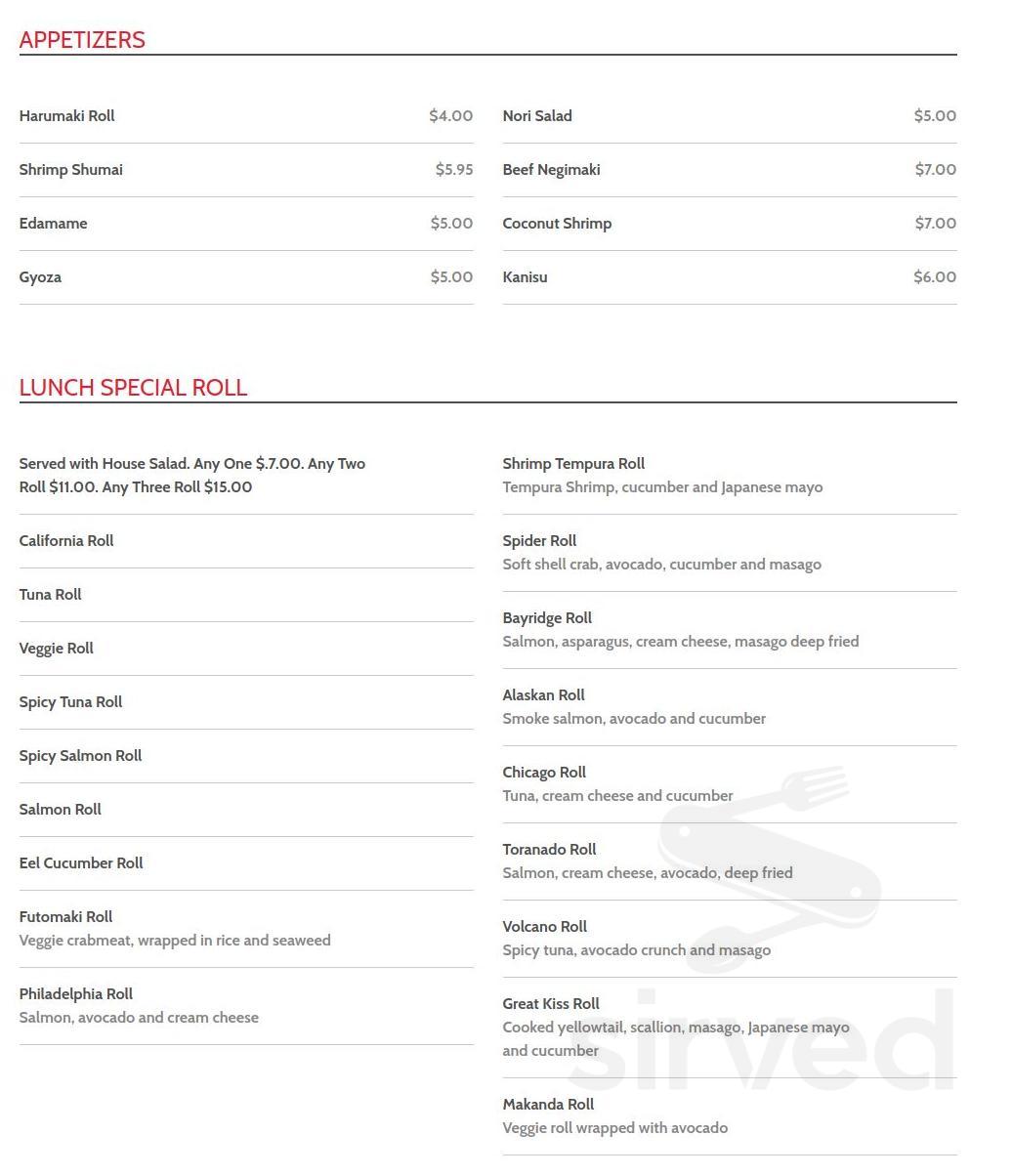 Fujiyama Japanese Steakhouse menu in Mattoon, Illinois, USA