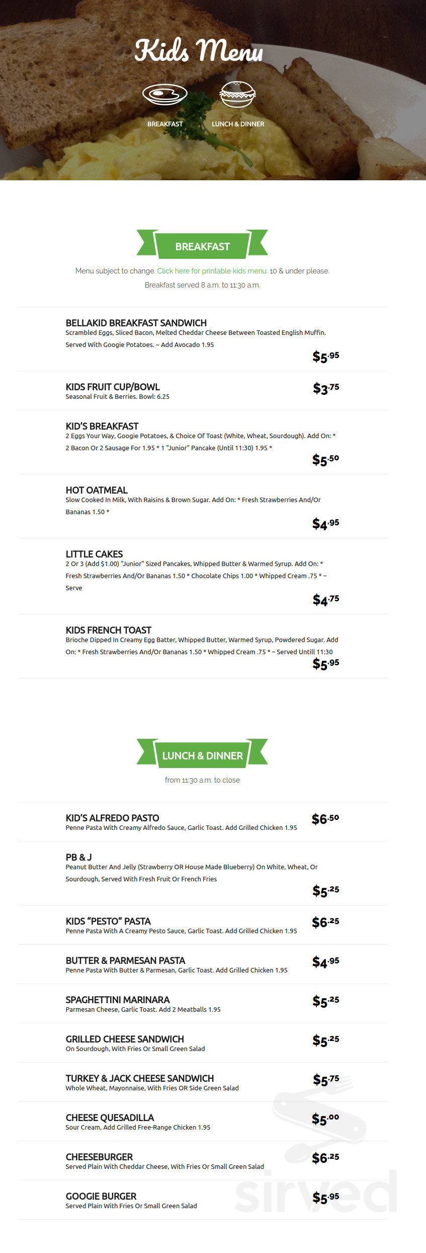 Googie Grill menu in Seaside, California, USA