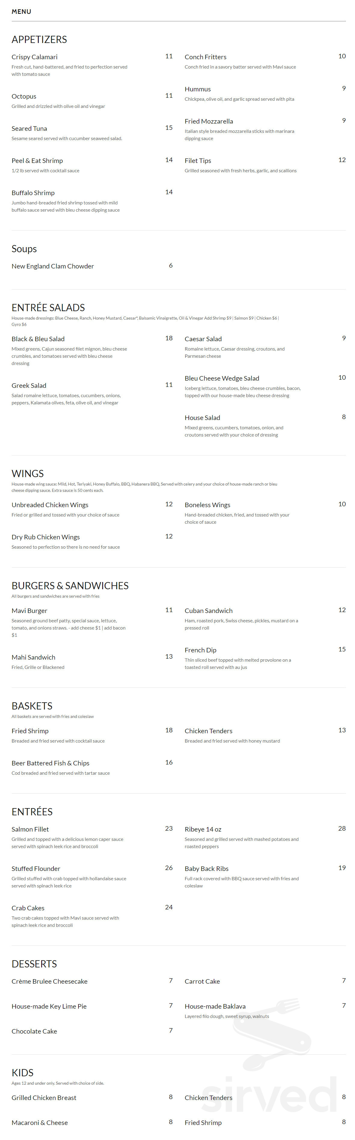 Mavi Waterfront Bar & Grill menu in Jacksonville Beach, Florida, USA
