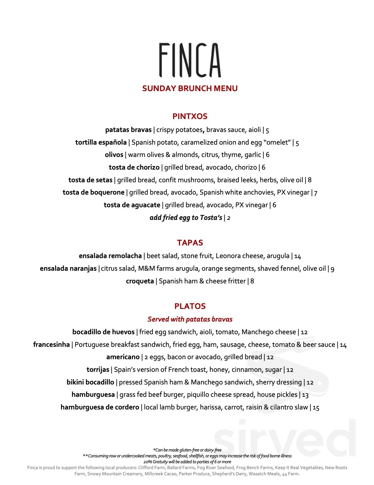 Finca menu in Salt Lake City, Utah, USA