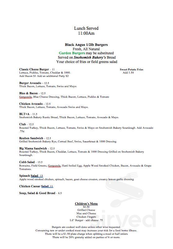 Duvall Grill and Tap Room menu in Duvall, Washington, USA