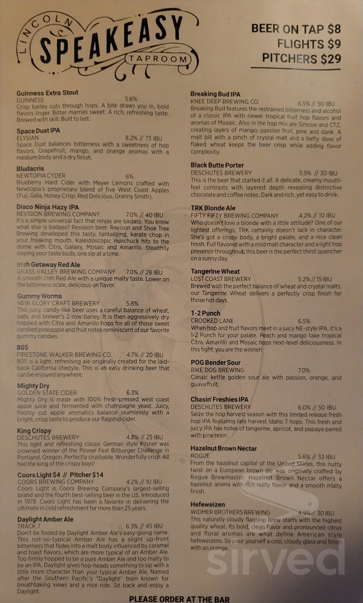 Lincoln Speakeasy Taproom menu in Lincoln, California, USA