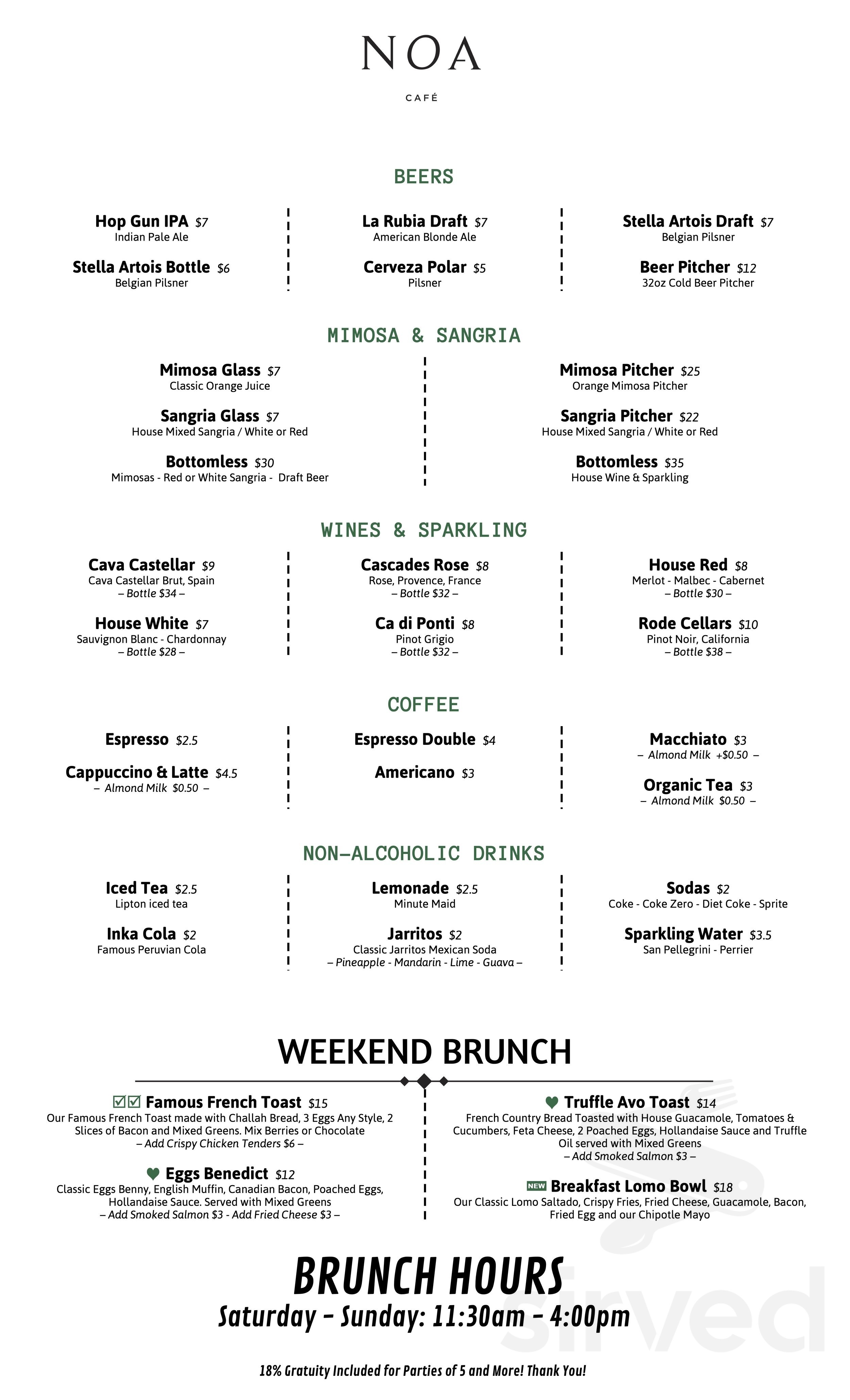 NOA Cafe menu in Miami, Florida, USA