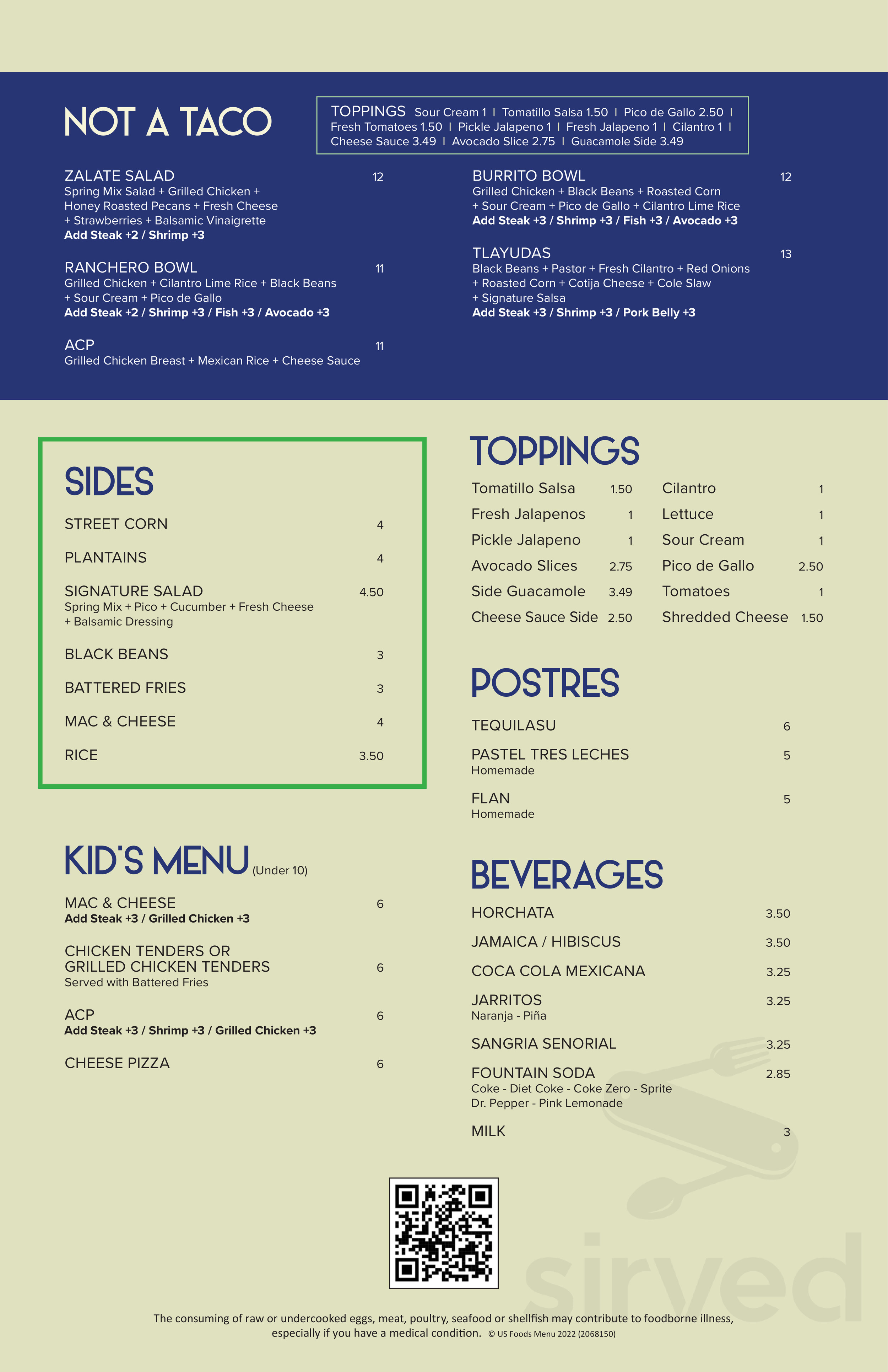 Zalate Taqueria menu in Knoxville, Tennessee, USA