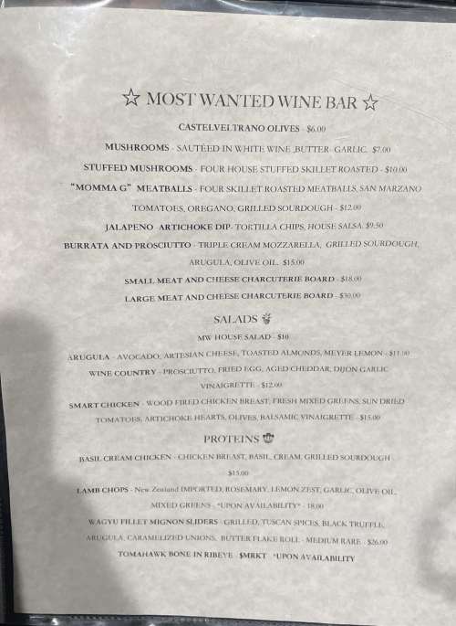 MOST WANTED WINE BAR menu in Oakdale, California, USA