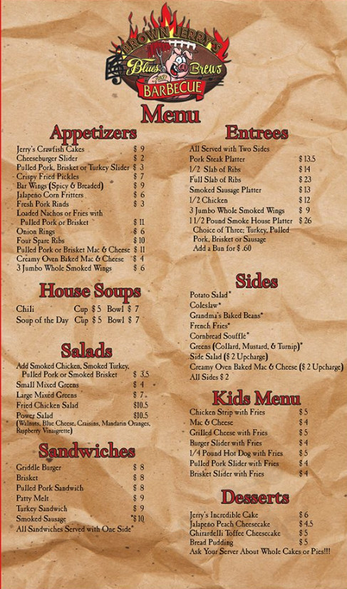 Brown Jerrys Blues Brews Barbecue menu in Pacific, Missouri, USA