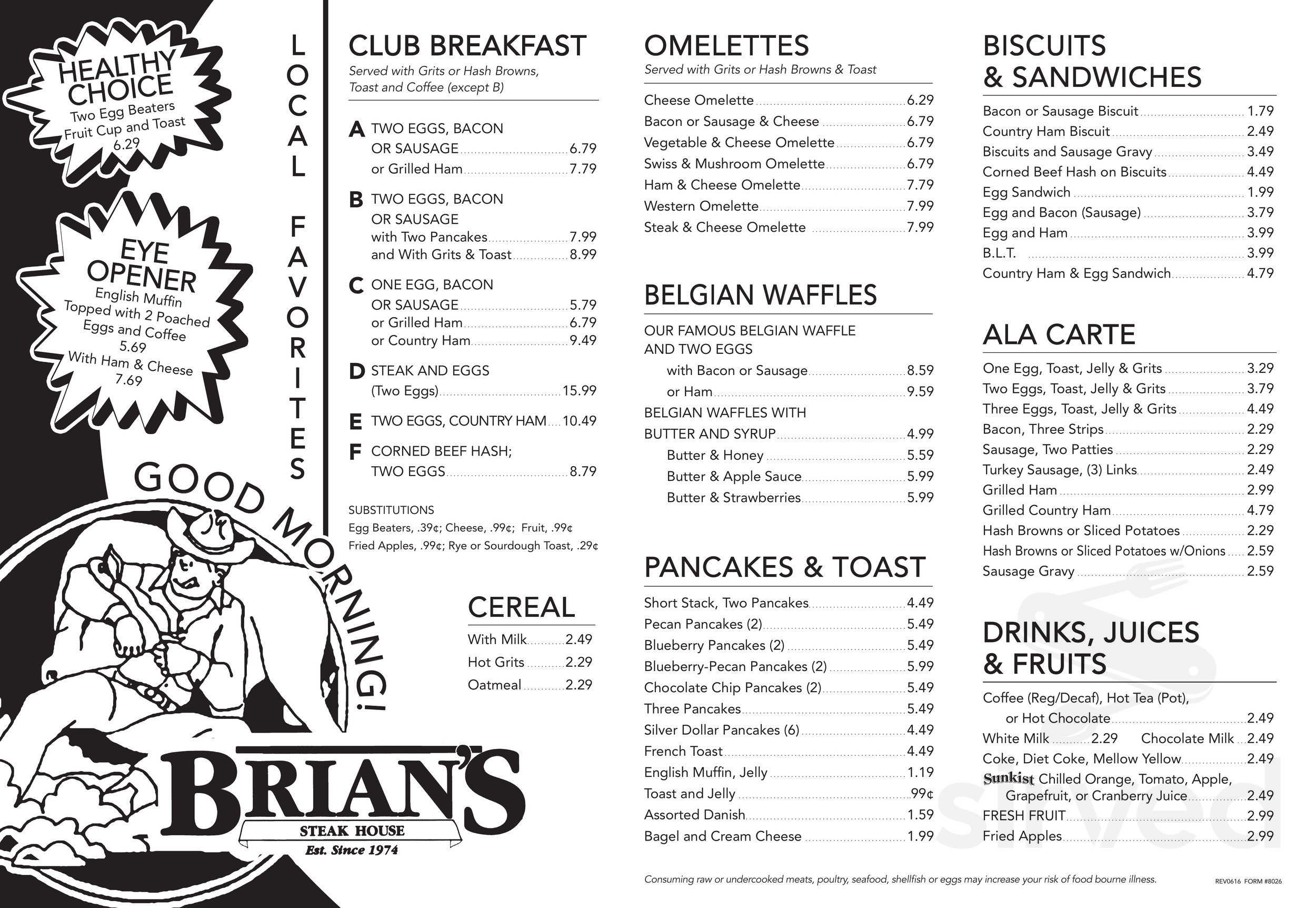 Brian's Steak House menu in South Hill, Virginia, USA