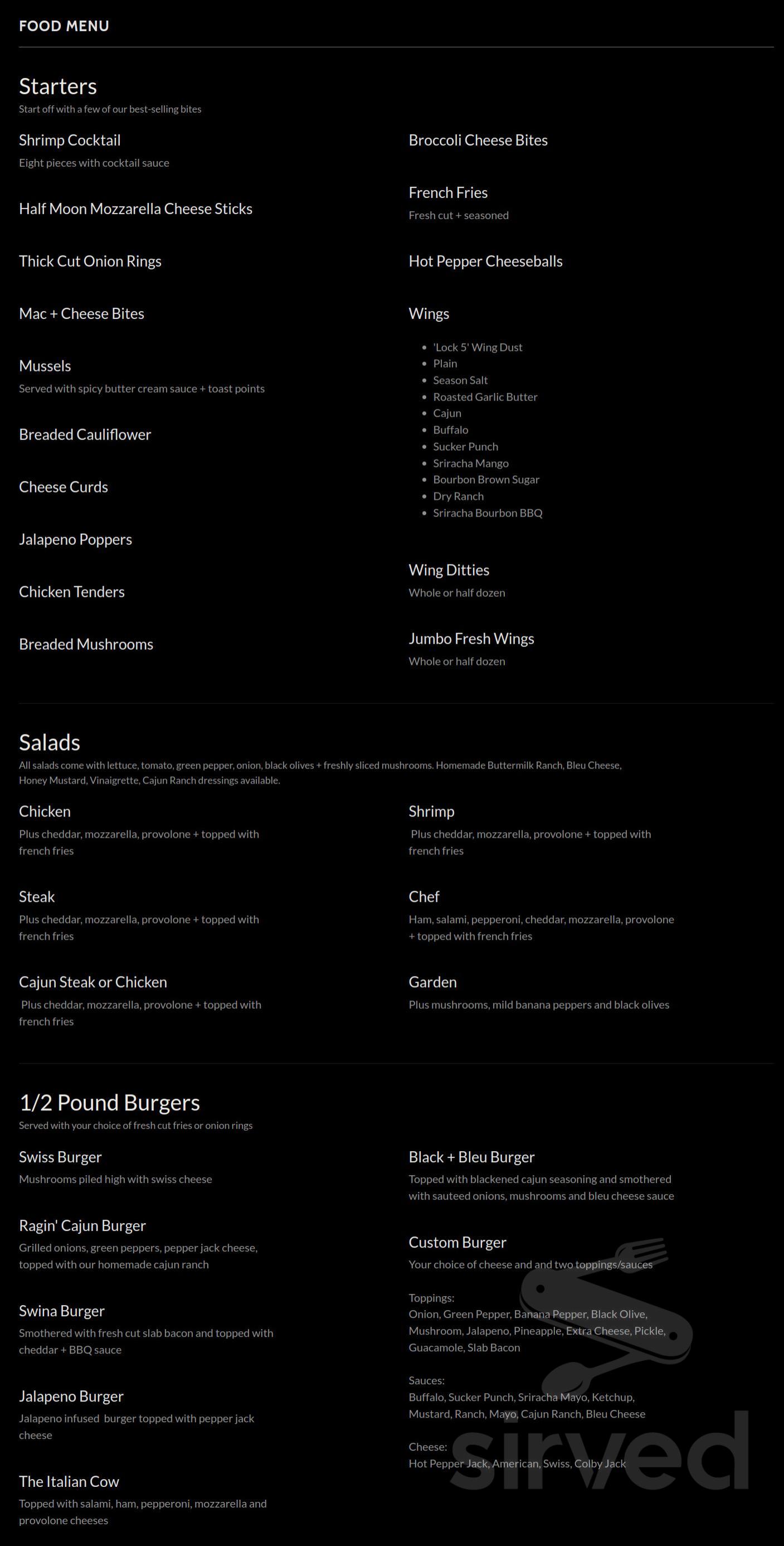 Menu - Freeport PA's Lock 5 tavern | Sirved
