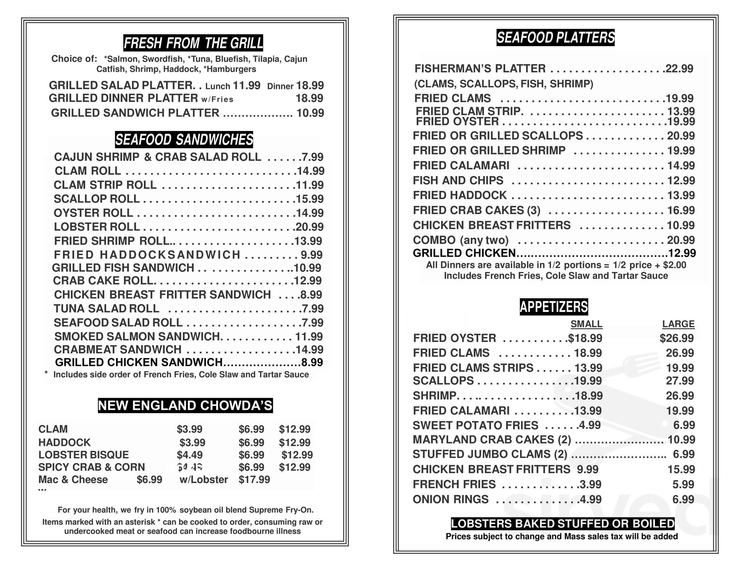 Twin Seafood of Acton menu in Acton, Massachusetts, USA