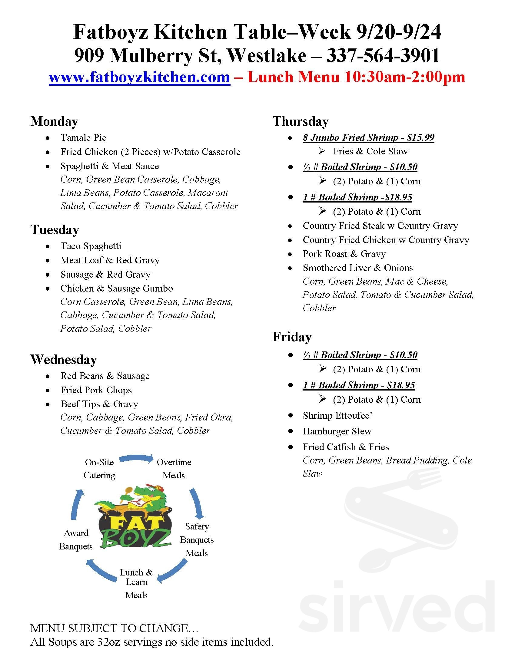 Menu for Fatboyz Kitchen Table in Westlake, LA | Sirved