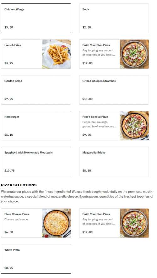 Pete's Pizza menu in Philadelphia, Pennsylvania, USA