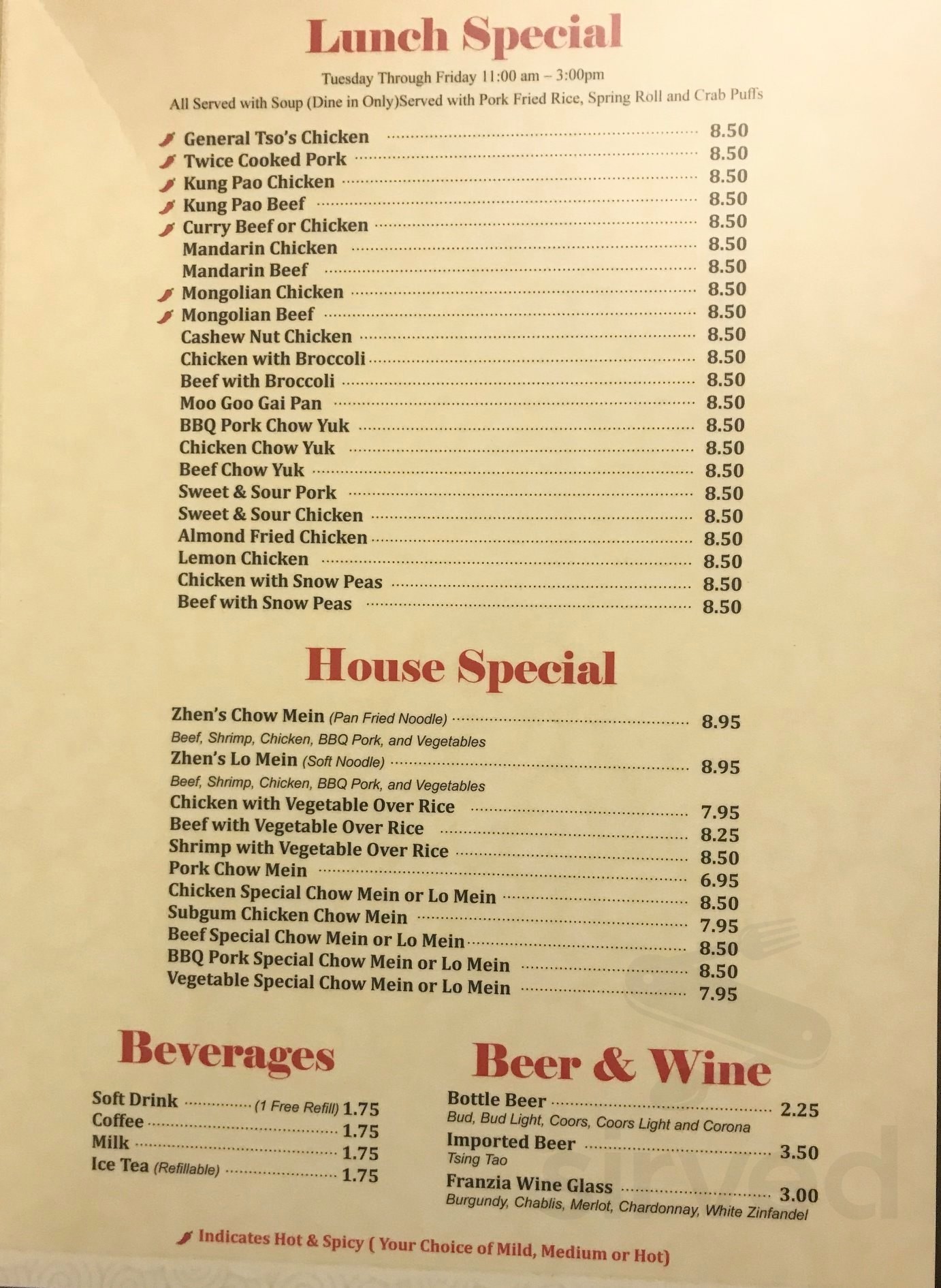 Zhen's Chinese Restaurant menu in St Helens, Oregon, USA