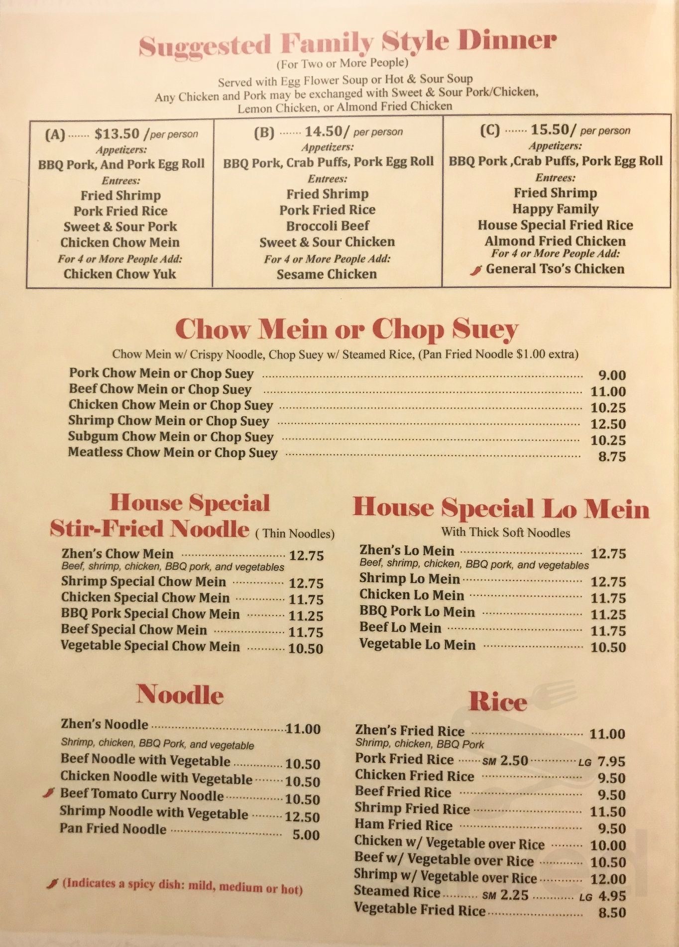 Zhen's Chinese Restaurant menu in St Helens, Oregon, USA