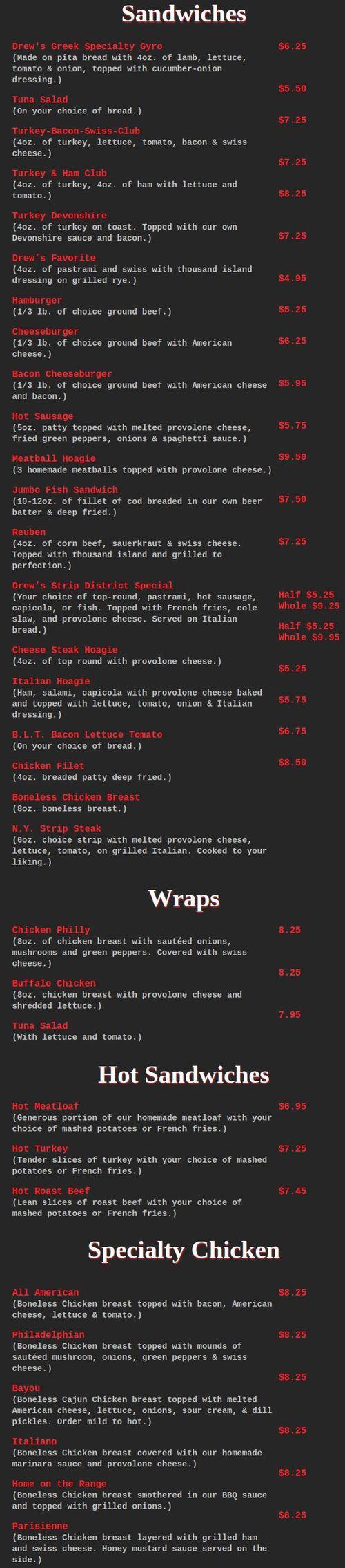 Drew Menas Restaurant & Lounge menu in North Versailles, Pennsylvania, USA