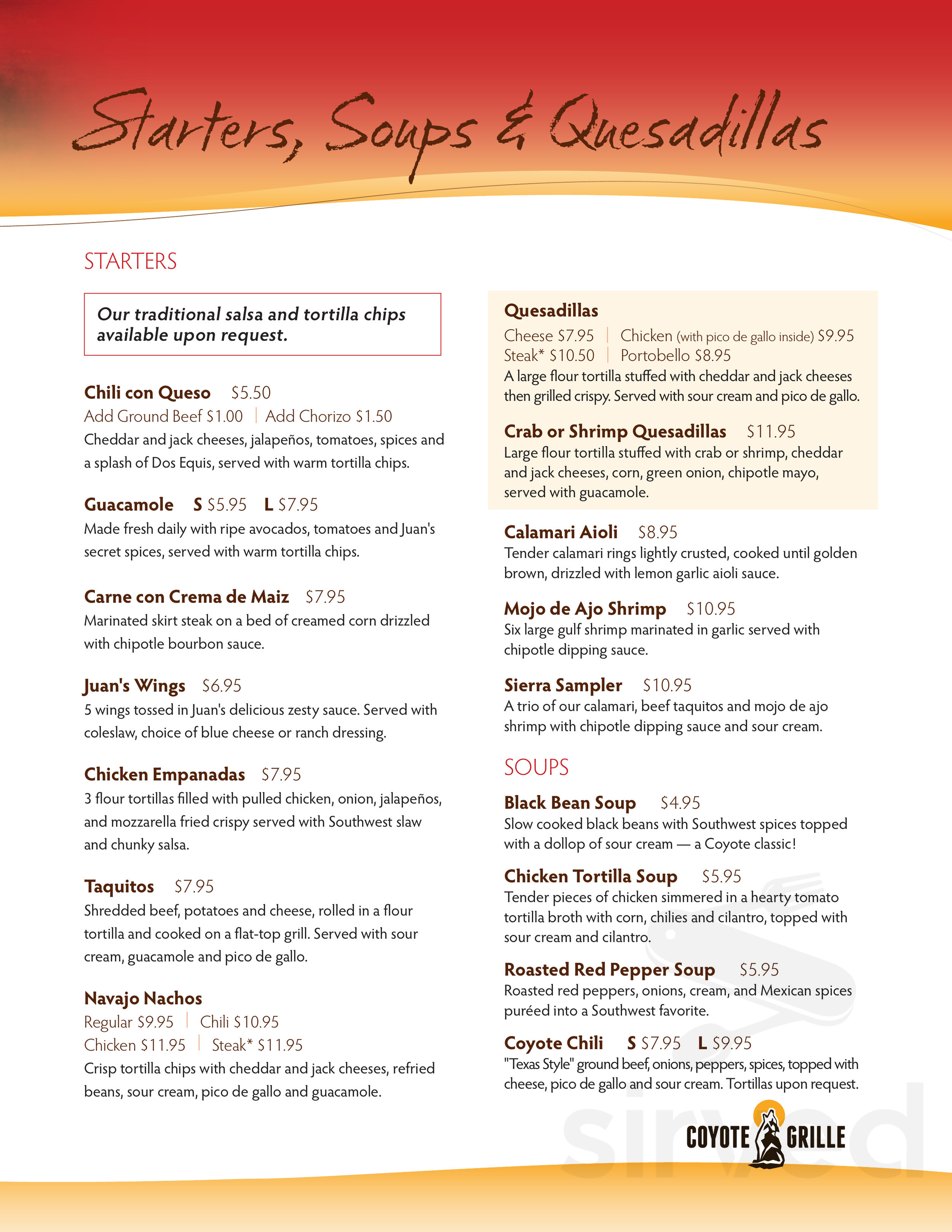 Menu - Fairfax VA's Coyote Grille | Sirved