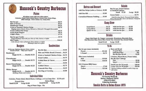 Hancocks Barbeque menu in Selma, Alabama, USA