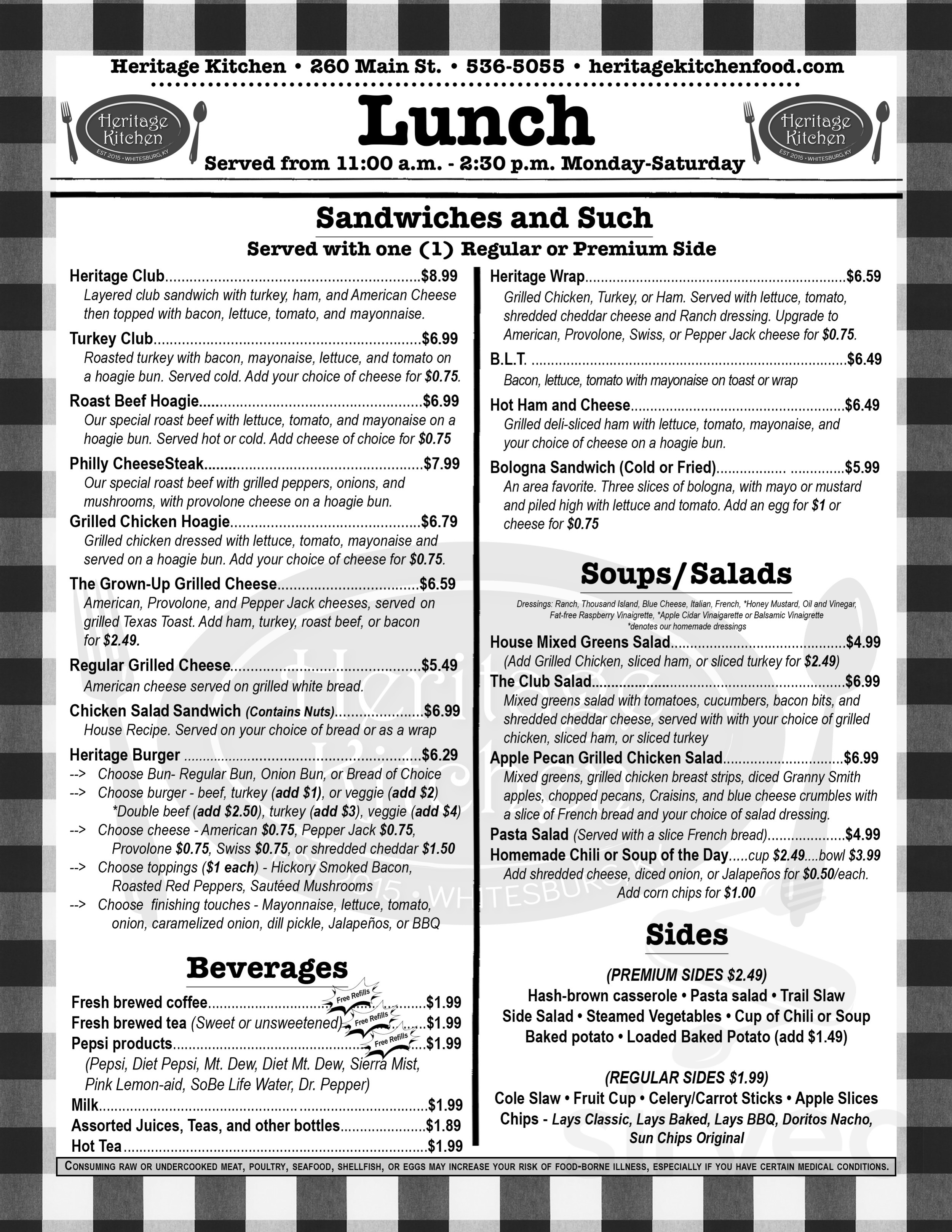 Heritage Kitchen menu in Whitesburg, Kentucky, USA
