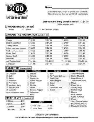 Menu for BOGO Sandwiches in Farmington, MO | Sirved