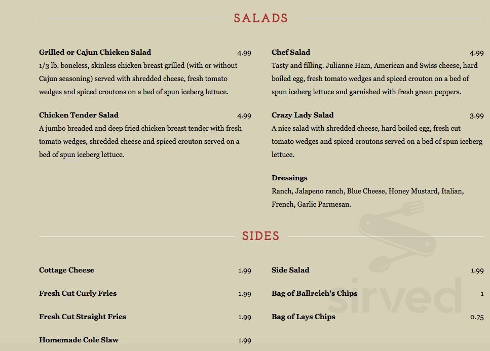 Menu - Forest OH's Crazy Lady Restaurant & Bar | Sirved