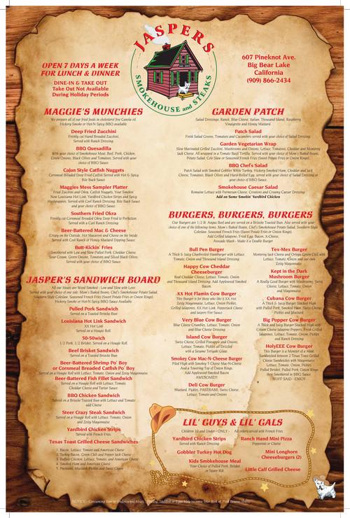 Jasper's Barbeque menu in Big Bear Lake, California, USA