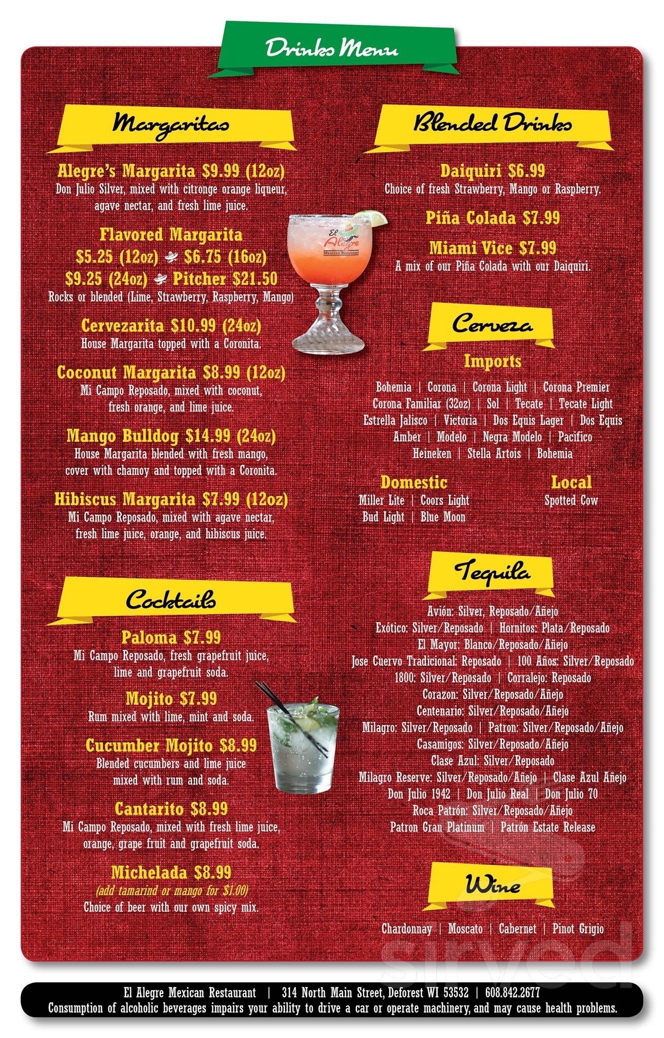 El Alegre Mexican Restaurant menus in DeForest, Wisconsin, United States