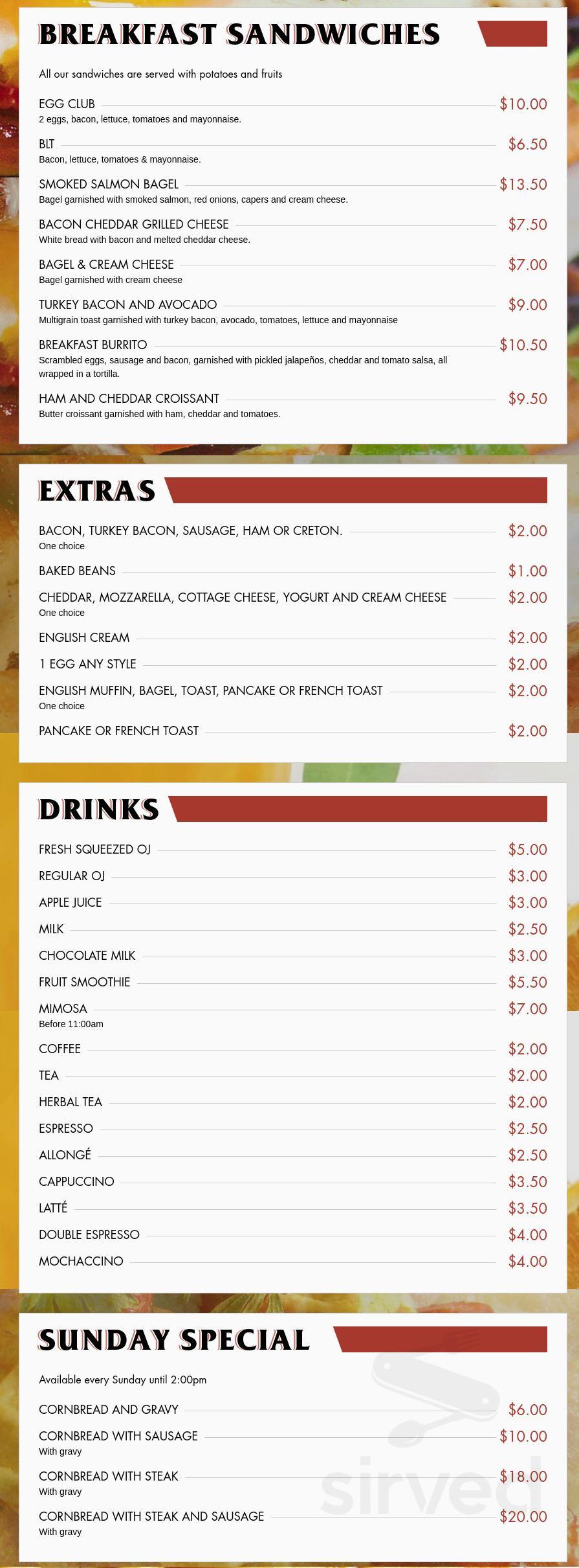 The Rail Coal Fire Bistro menu in Kahnawake, Quebec, Canada