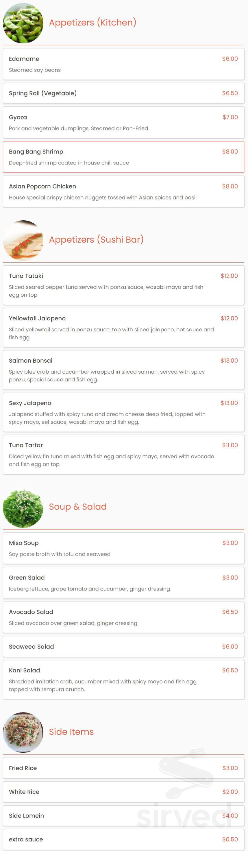 Akari Sushi menu in Fernandina Beach, Florida, USA