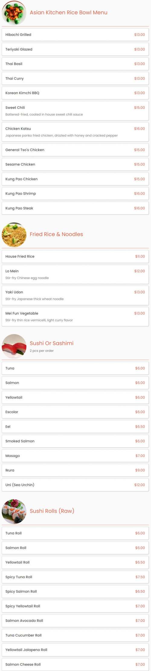 Akari Sushi menu in Fernandina Beach, Florida, USA
