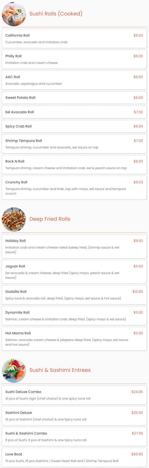 Akari Sushi menu in Fernandina Beach, Florida, USA