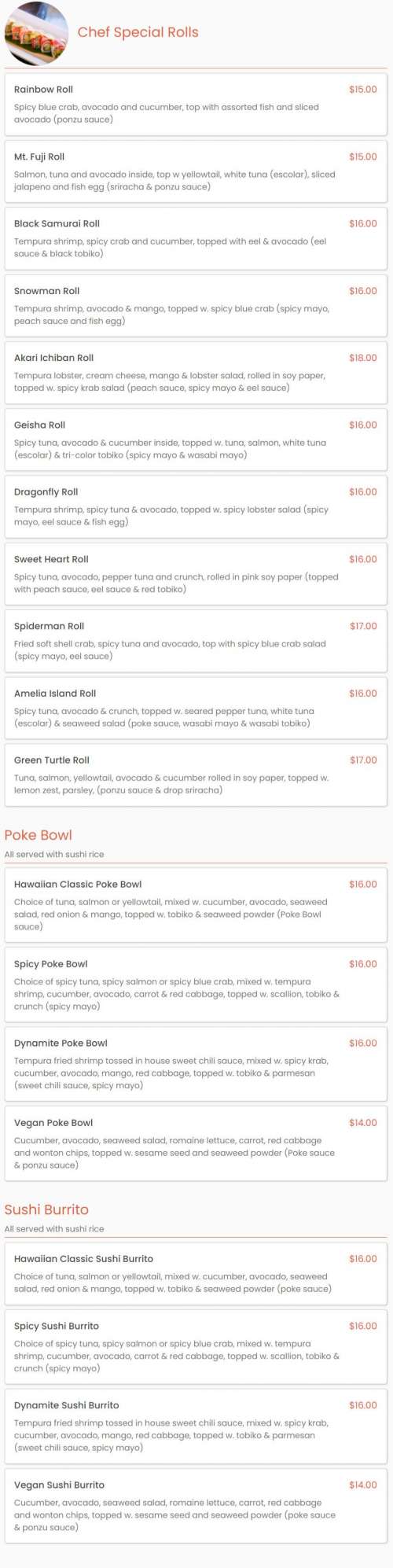 Akari Sushi menu in Fernandina Beach, Florida, USA