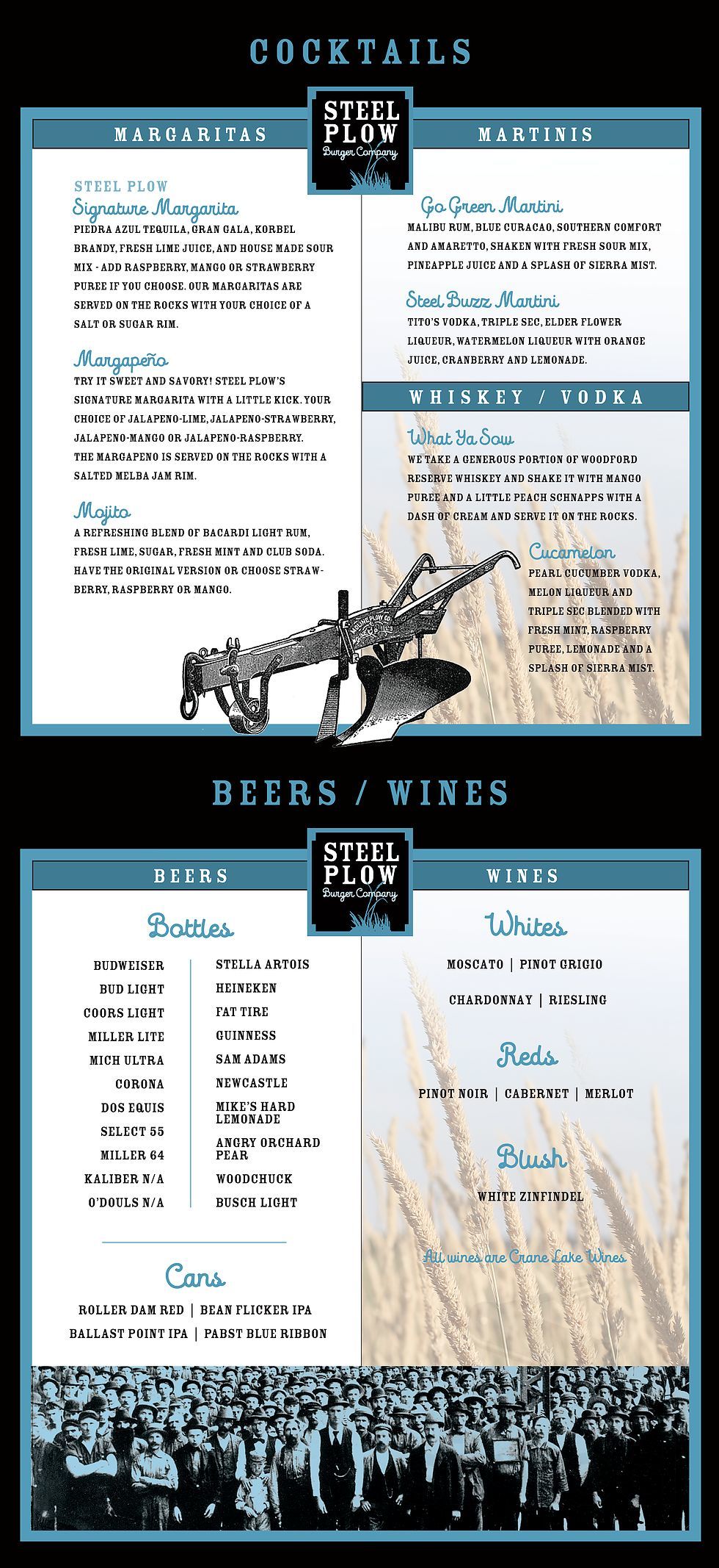 Steel Plow Burger Company menu in Davenport, Iowa, USA