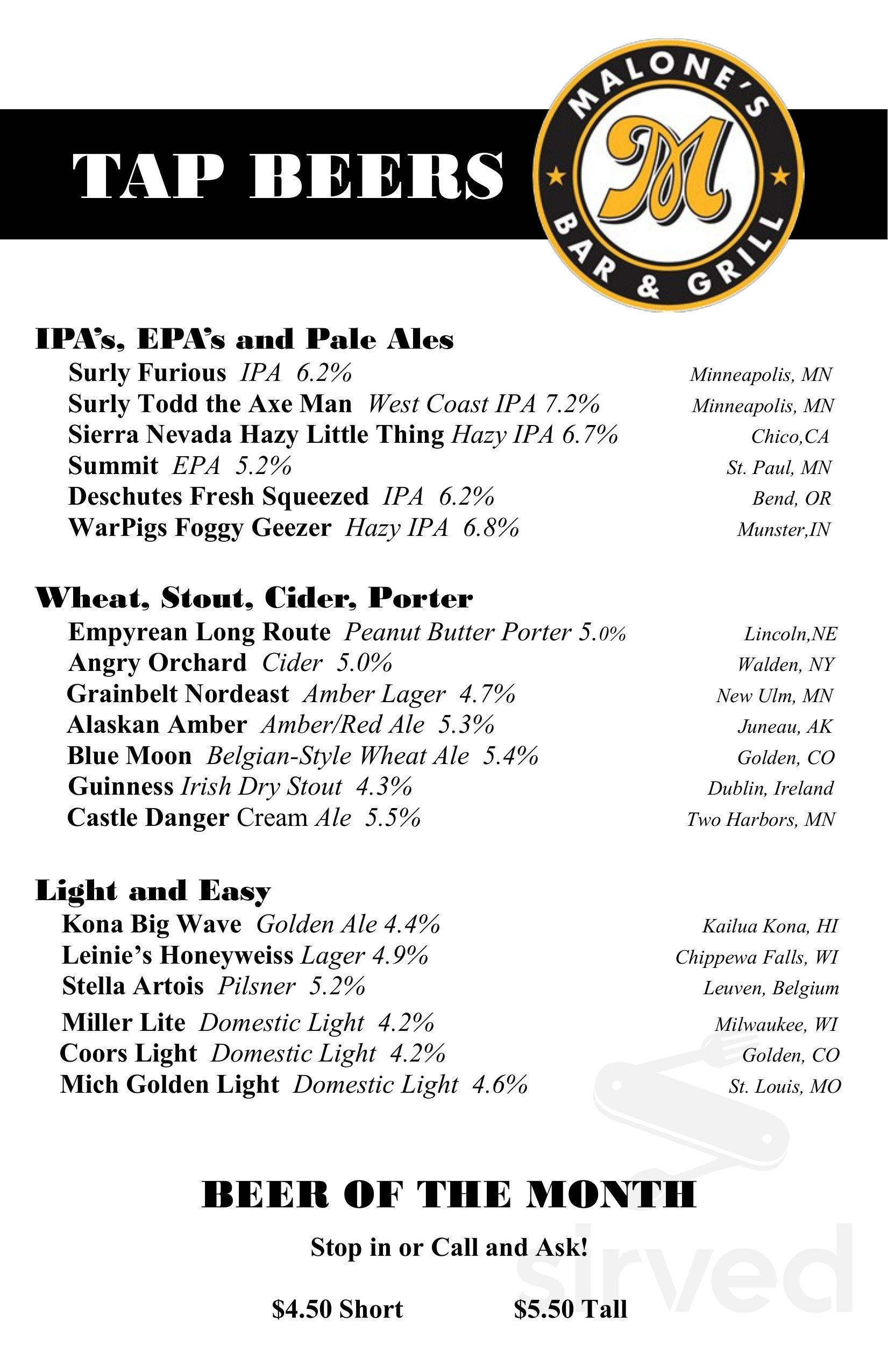 Malone's Bar & Grill menu in Maple Grove, Minnesota, USA