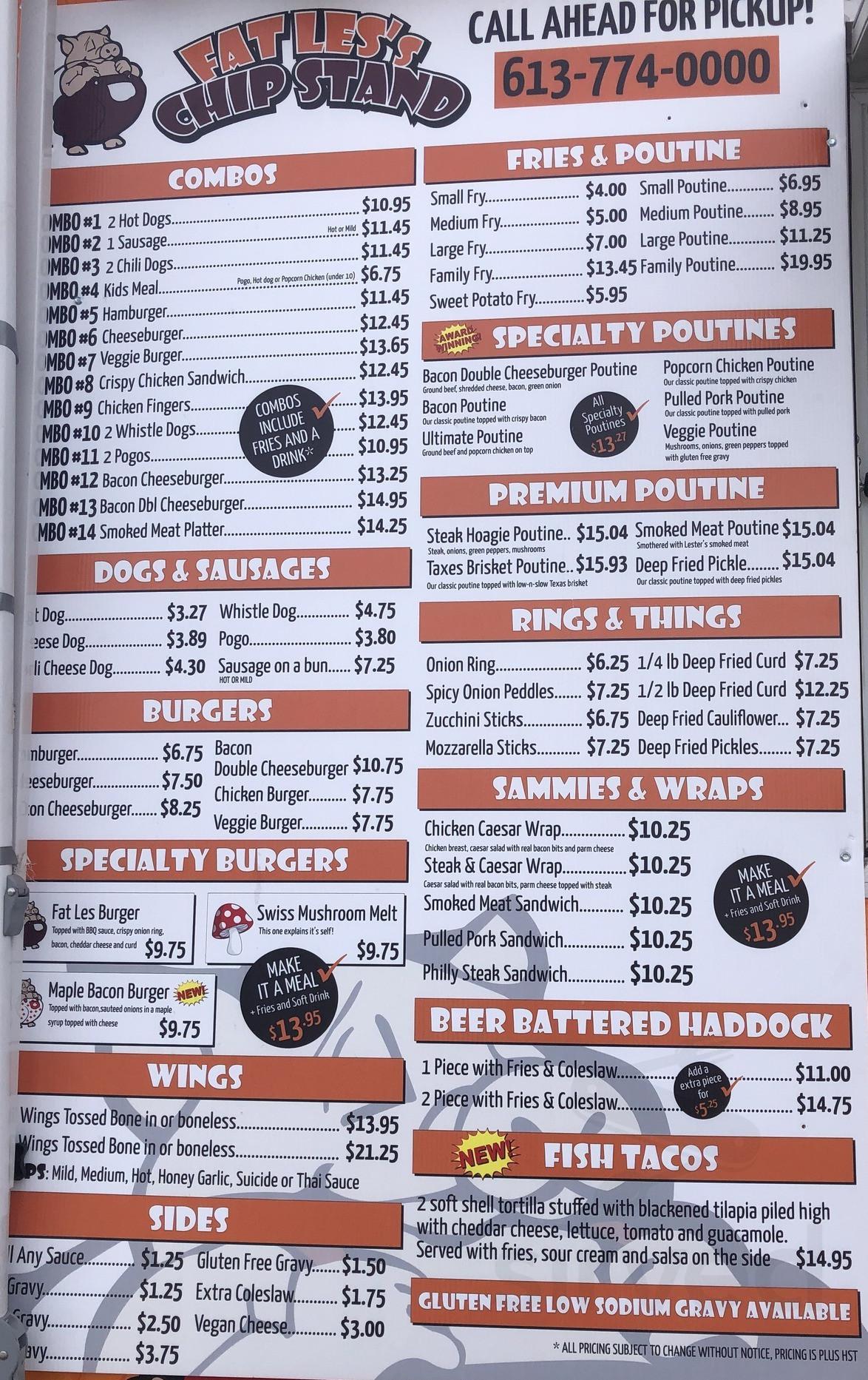 Menu for Fat Les's Chip Stand Winchester in Winchester, ON | Sirved