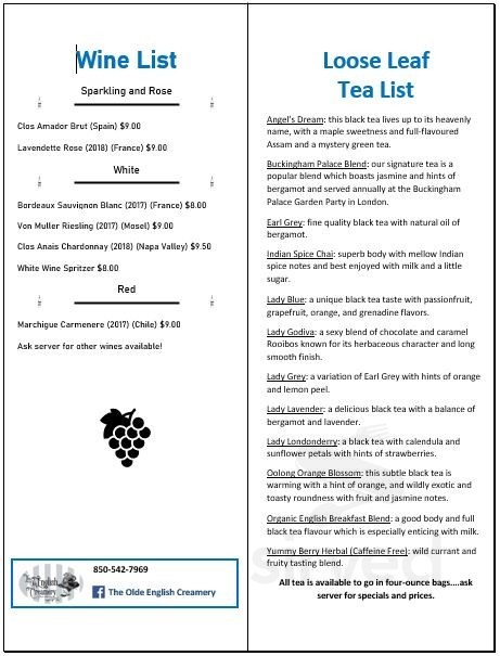 The Olde English Creamery menu in Pensacola, Florida, USA