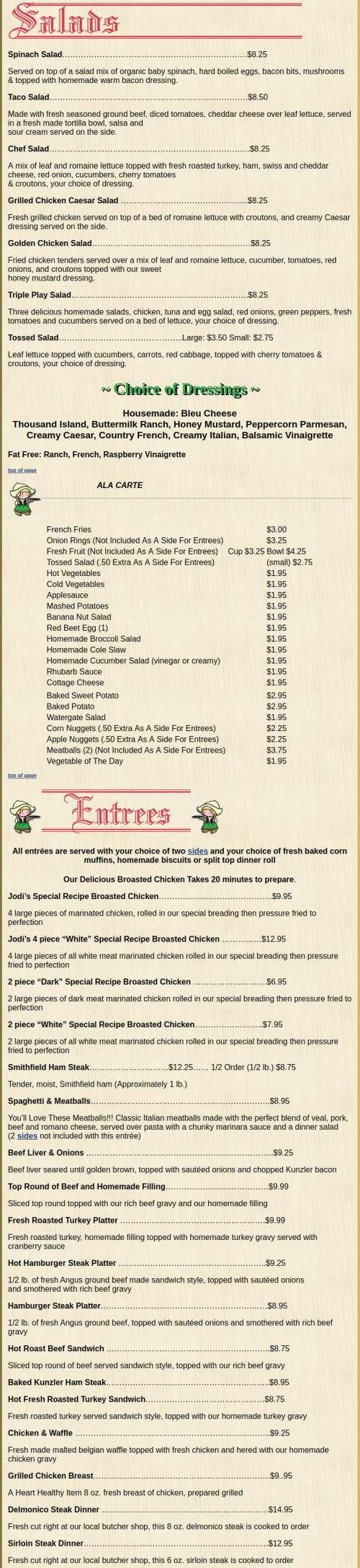 Dutch Country Restaurant menu in Hanover, Pennsylvania, USA
