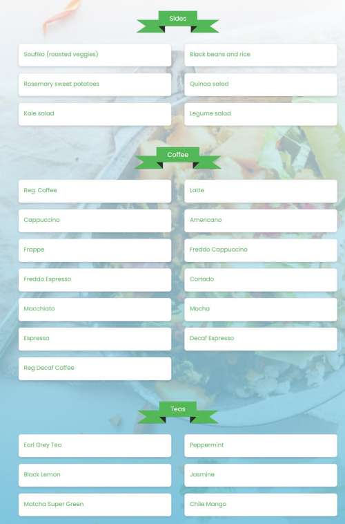 Blue Food Company menu in Chicago, Illinois, USA
