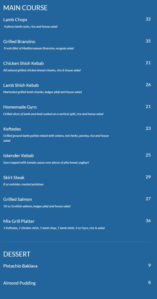 Kalamata Mediterranean Cuisine menu in Miami Beach, Florida, USA