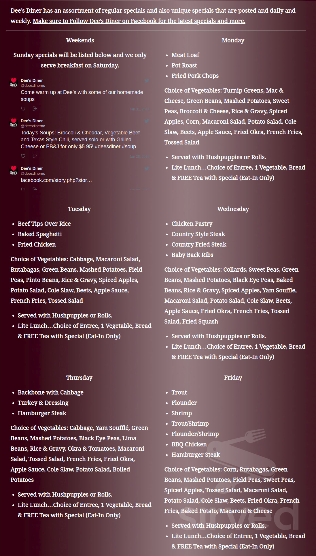 Dee's Diner menu in Goldsboro, North Carolina, USA